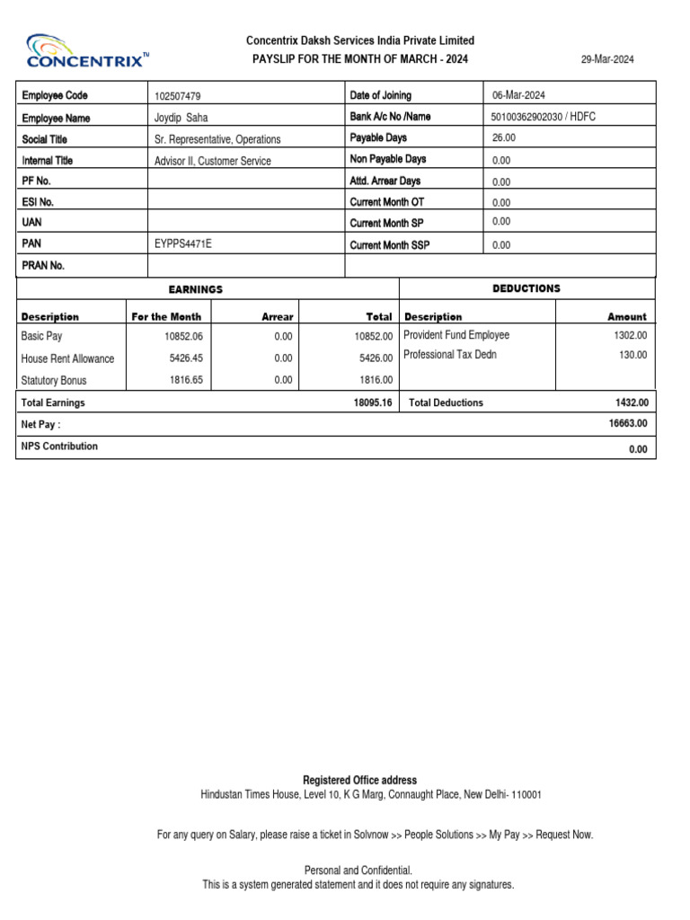 Concentrix Daksh Services India Private Limited Payslip For The Month ...