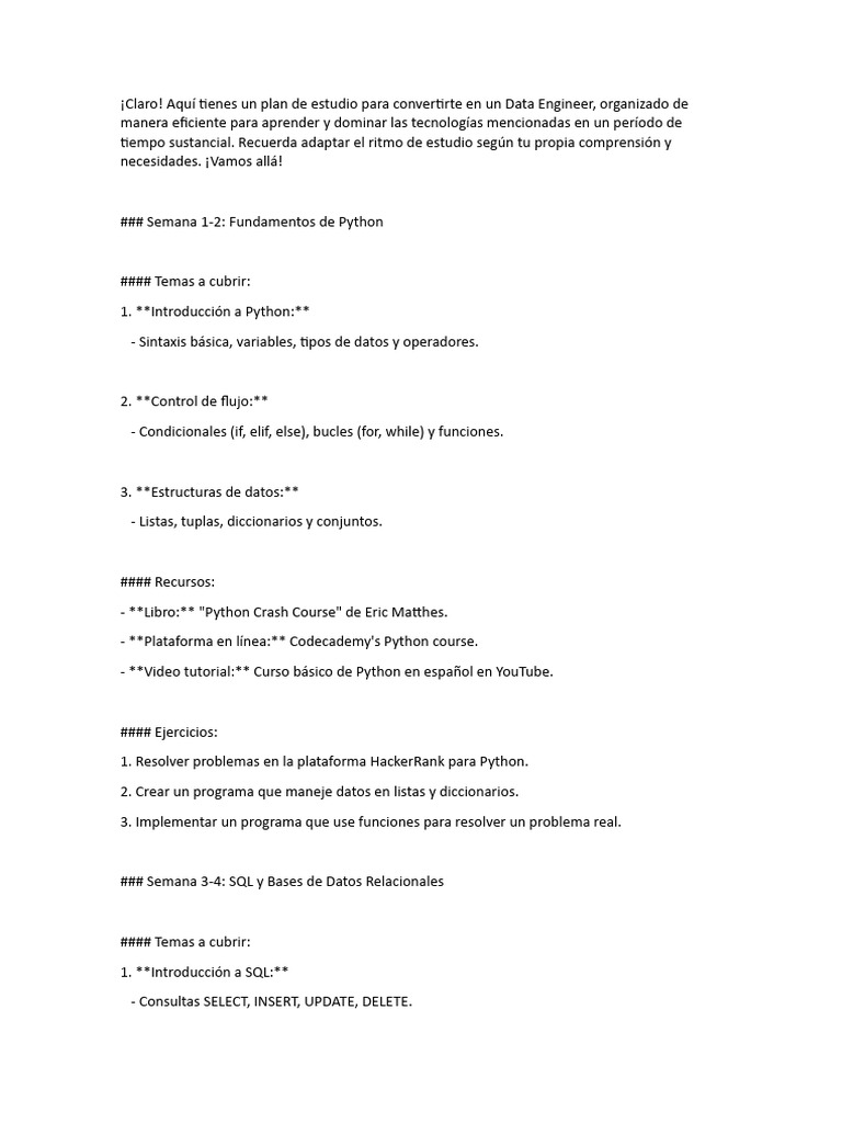 Planteo de Plan de estudio para Data Engineer | PDF | Computación en la nube | Python (lenguaje ...
