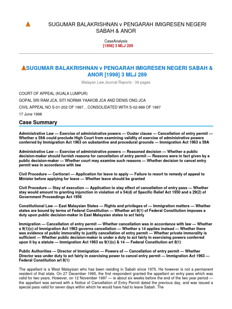 SUGUMAR BALAKRISHNAN V PENGARAH IMIGRESEN NEGERI SABAH & ANOR, (1998) 3 MLJ 289 | PDF | Appeal ...