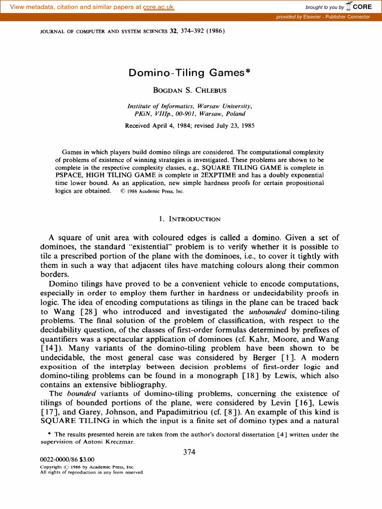 Domino-Tiling Games : Journal of Computer and System Sciences | PDF | Logic | Computational ...