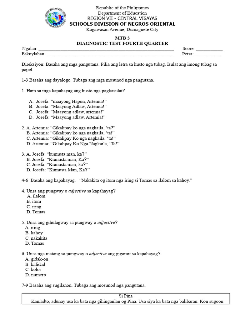 DIAGNOSTICMTB 3-4th Quarter Assessment | PDF