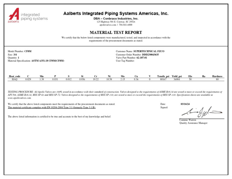 Material Test Report for Valve 62-107-01 | PDF