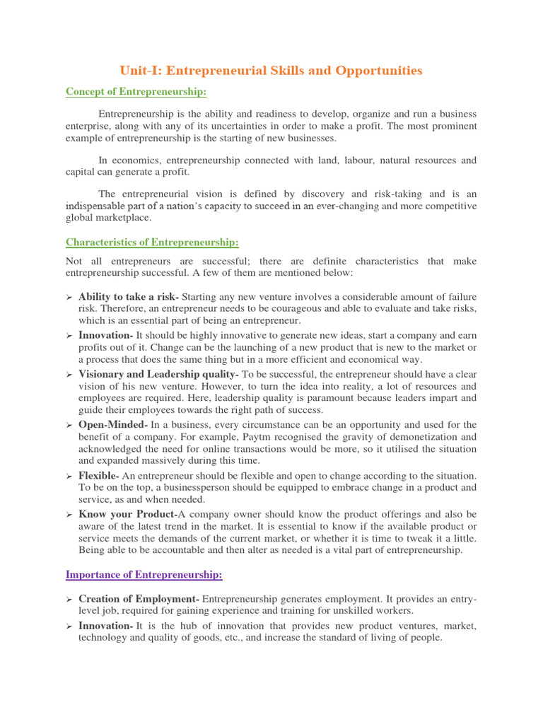 Entrepreneurial Skills and Opportunities Guide | PDF | Entrepreneurship ...