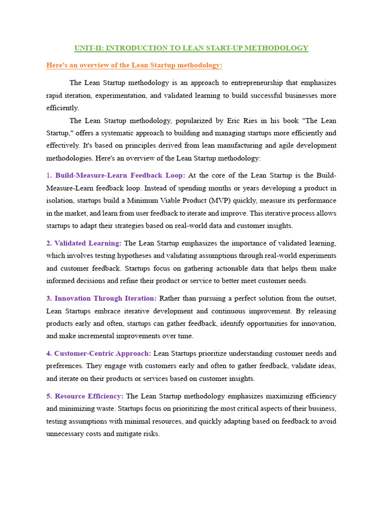 Unit-II Introduction to lean start-up Methodology | PDF | Lean Startup | Startup Company