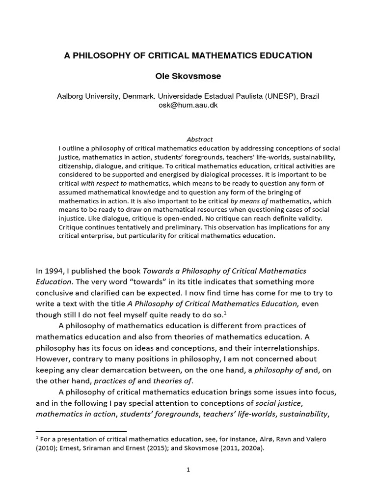 Ole Skovsmose A Philosophy of Critical Mathematics Education | PDF ...