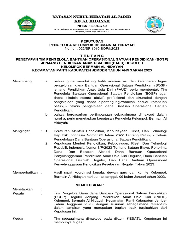 Contoh SK Tim Pengelola BOP 2023-1 | PDF
