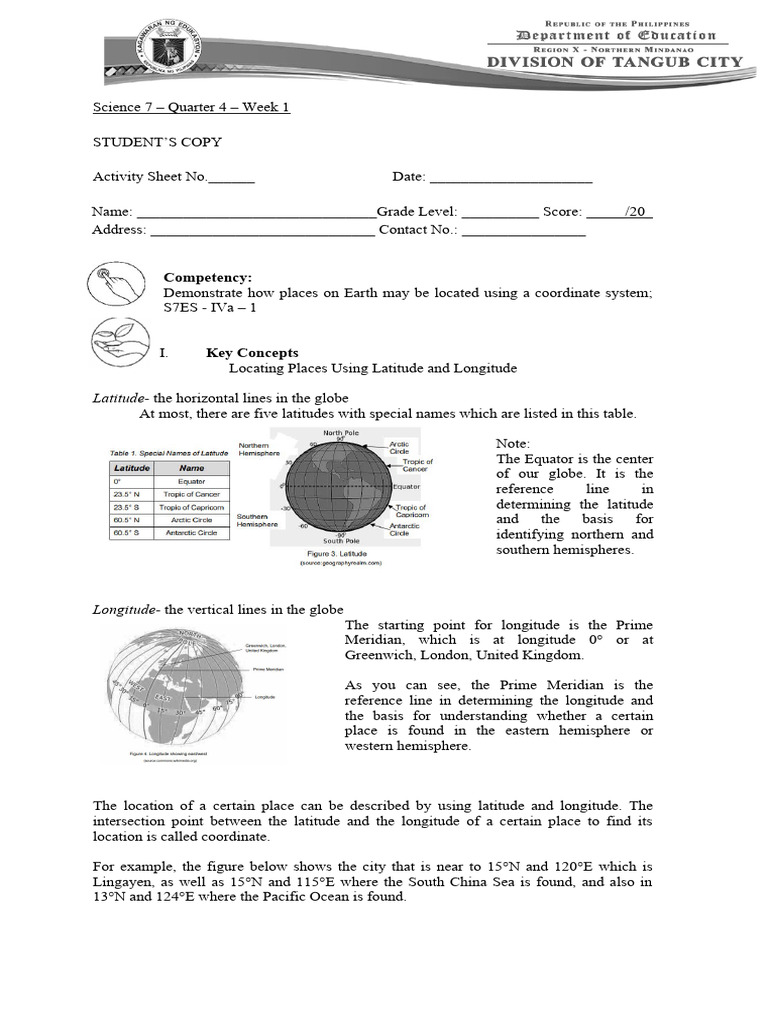 SCIENCE 7 - Week 1 Student's | PDF | Longitude | Latitude