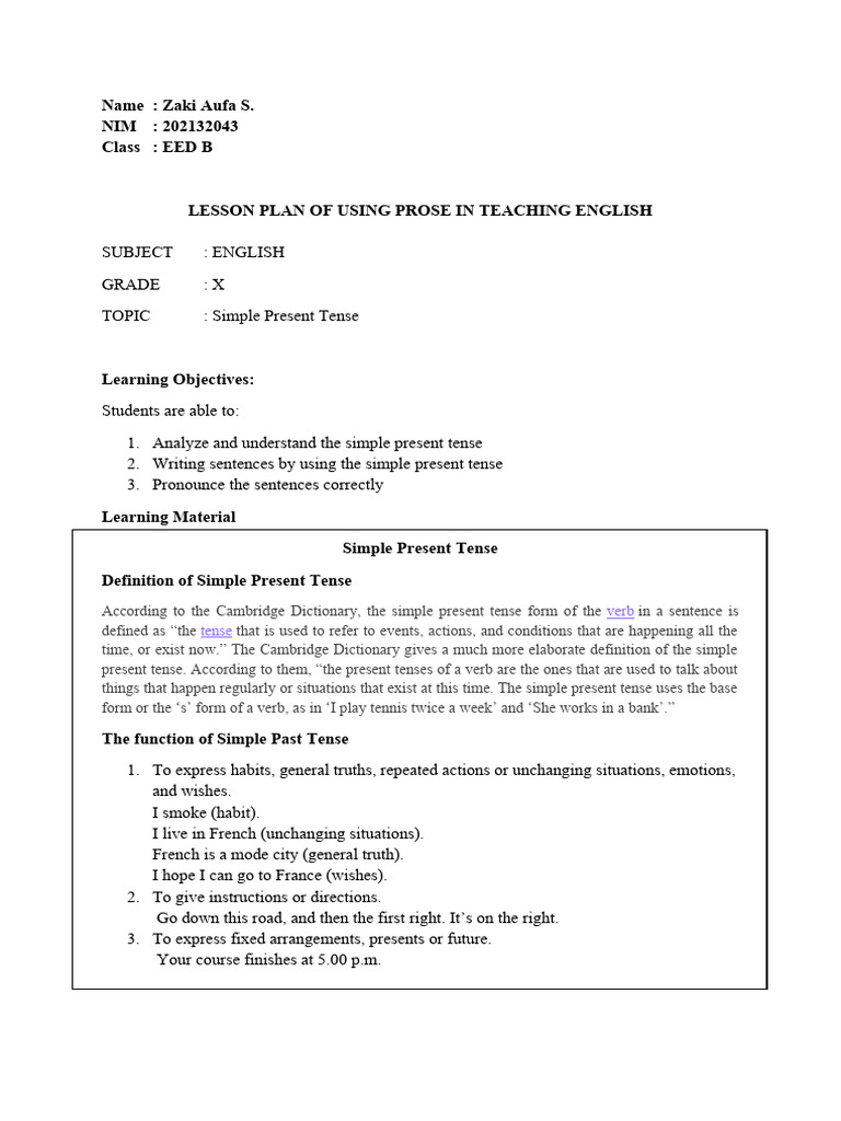 LESSON PLAN LLT PROSE by Zaki | PDF | Grammatical Tense | Learning