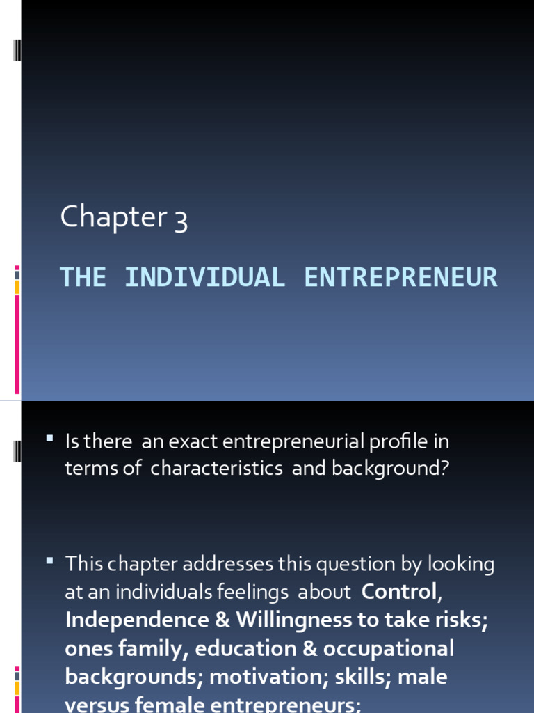 Chapter 3 the Individual Entrepreneur | PDF | Entrepreneurship | Motivation