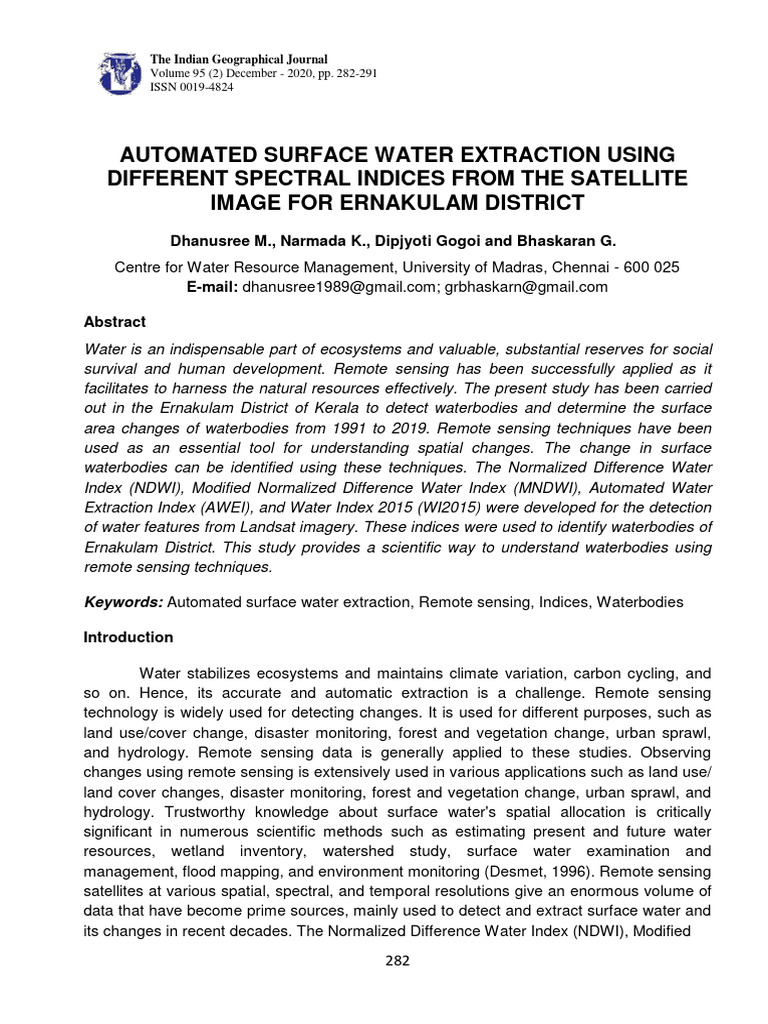 Automated Surface Water Extraction Using Different Spectral Indices Pdf Remote Sensing