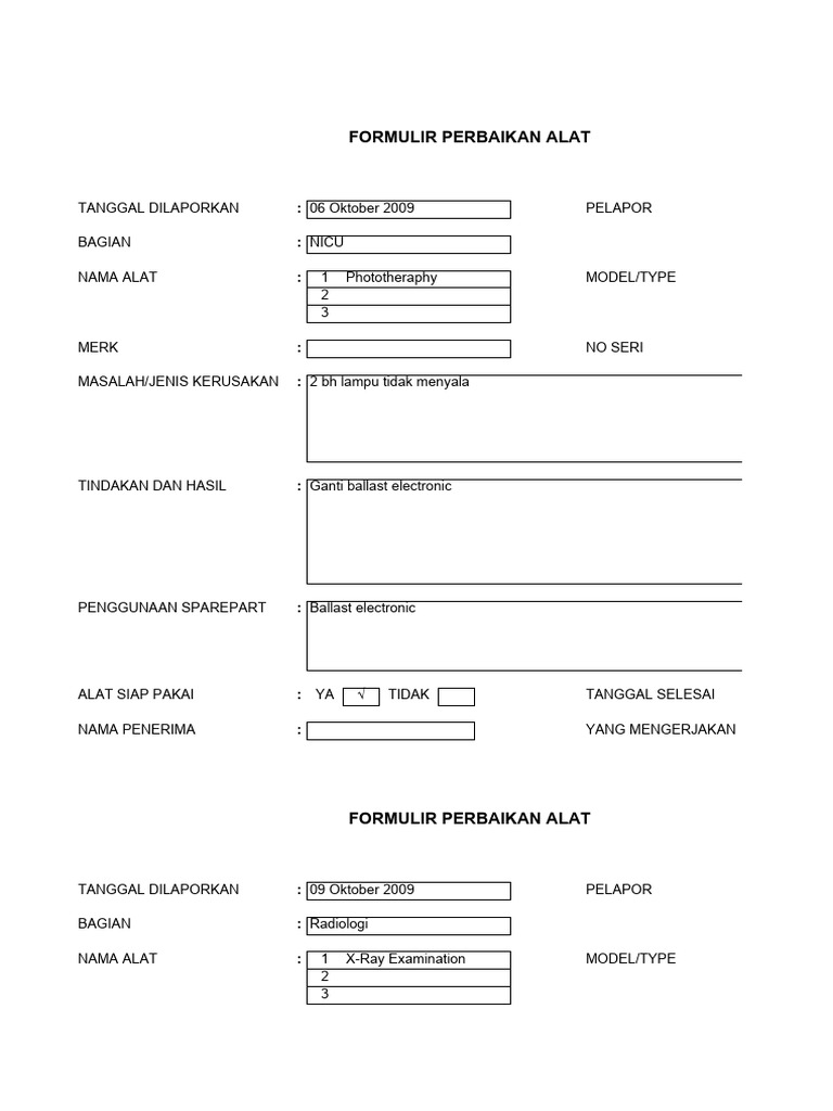 Form Perbaikan Alat Medis | PDF