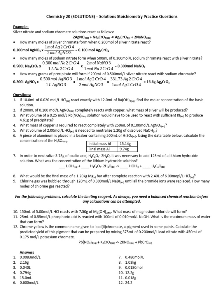 10 - Solution Stoichiometry Practice Questions With KEY | PDF ...