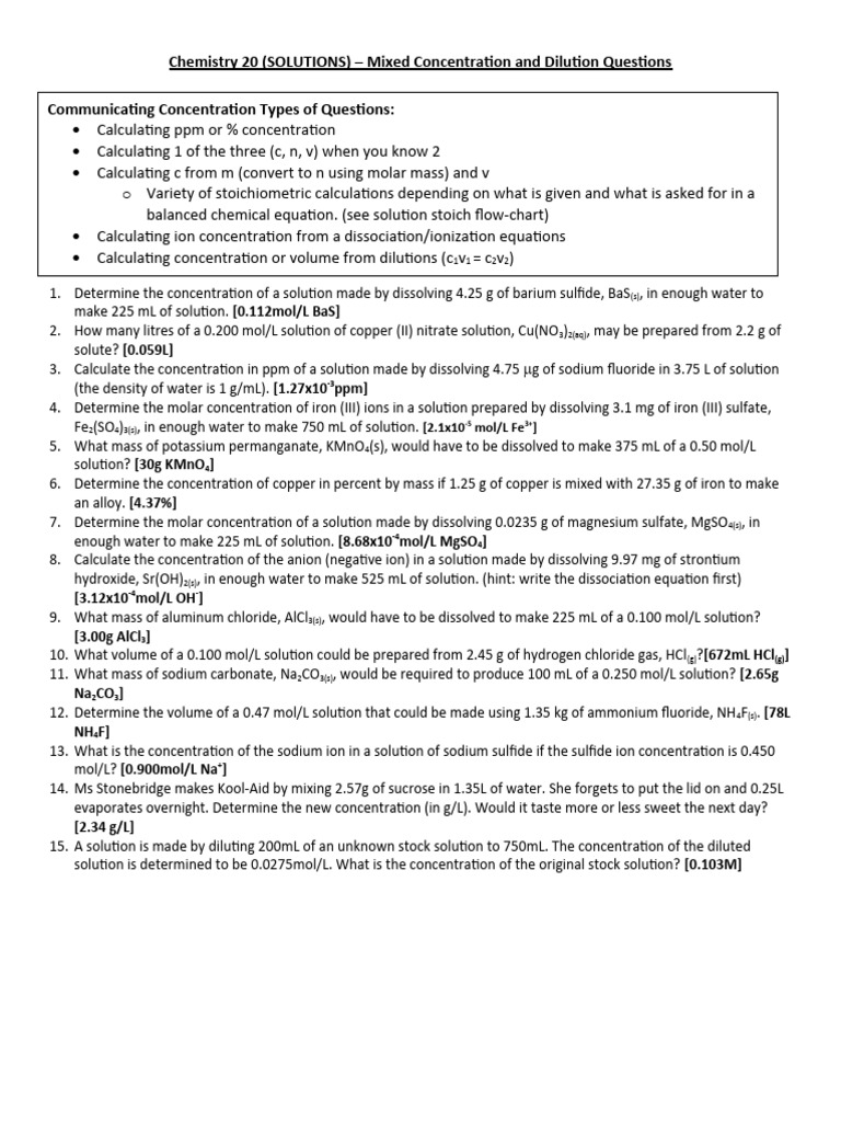 9 - Mixed Concentration and Dilution Questions With KEY | PDF ...