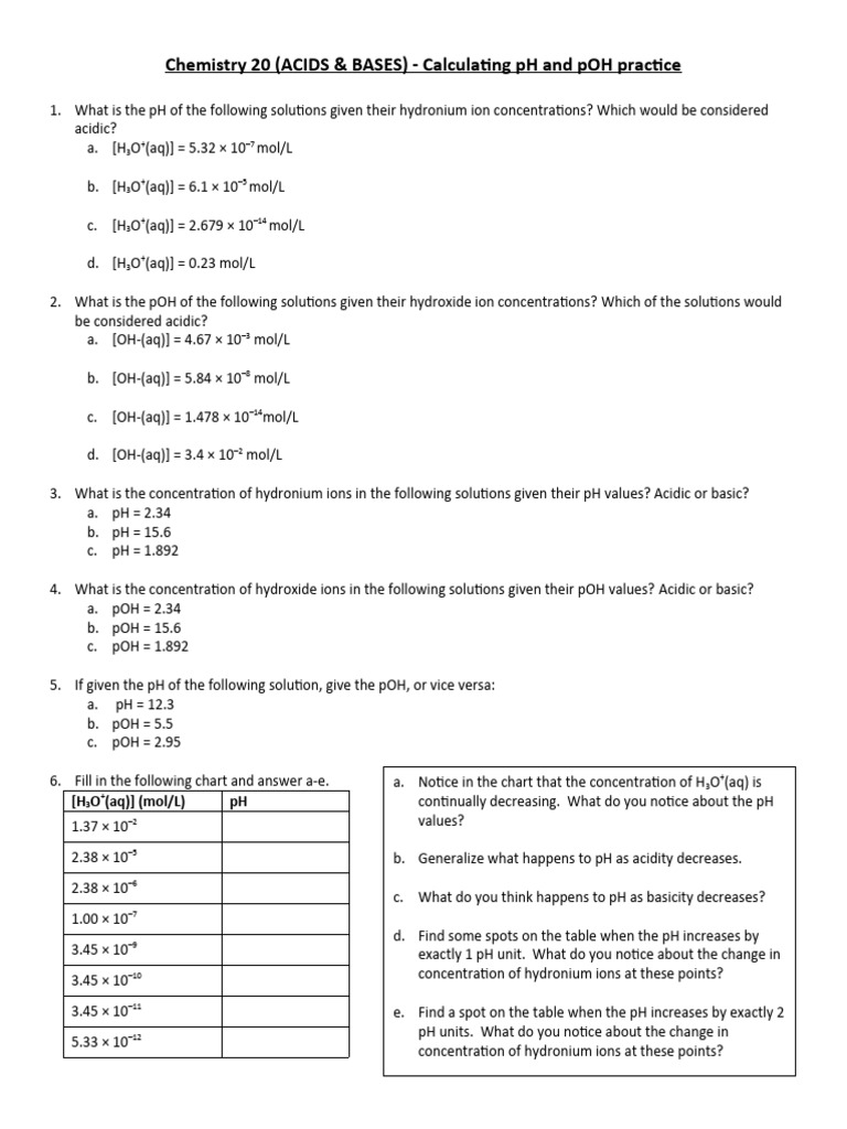 2 - PH and pOH Calculations Practice | PDF | Ph | Hydroxide