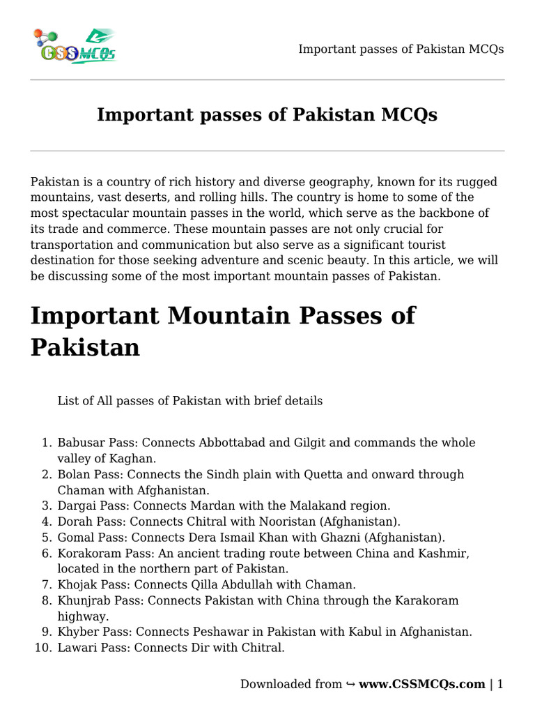Important Passes of Pakistan MCQs | PDF | Pakistan | Khyber Pakhtunkhwa