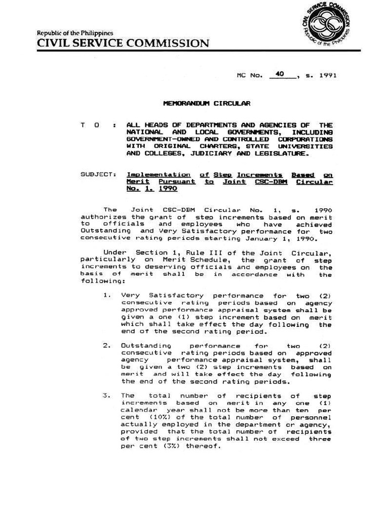 CSC MC No. 40, s-1991 (Step Increment Based On Merit CSC-DBM Circular 1 ...