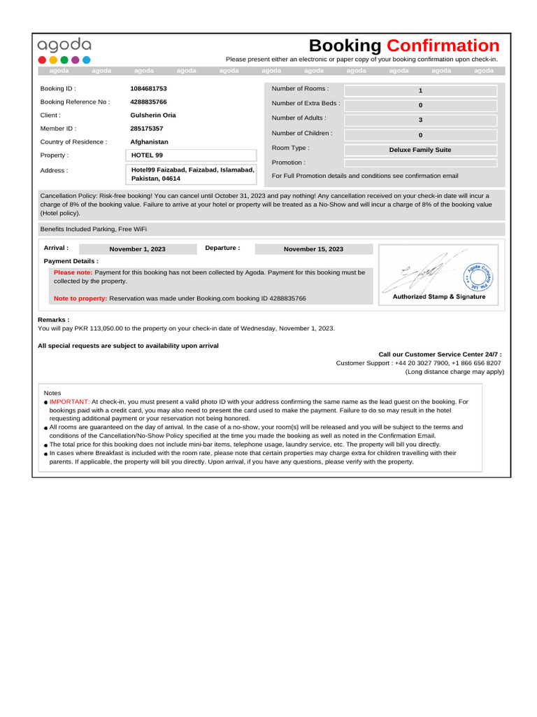 Confirmation For Booking ID # 1084681753 | PDF