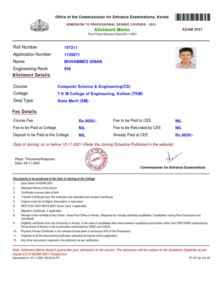 Roll Number Application Number Name Engineering Rank: Allotment Memo ...