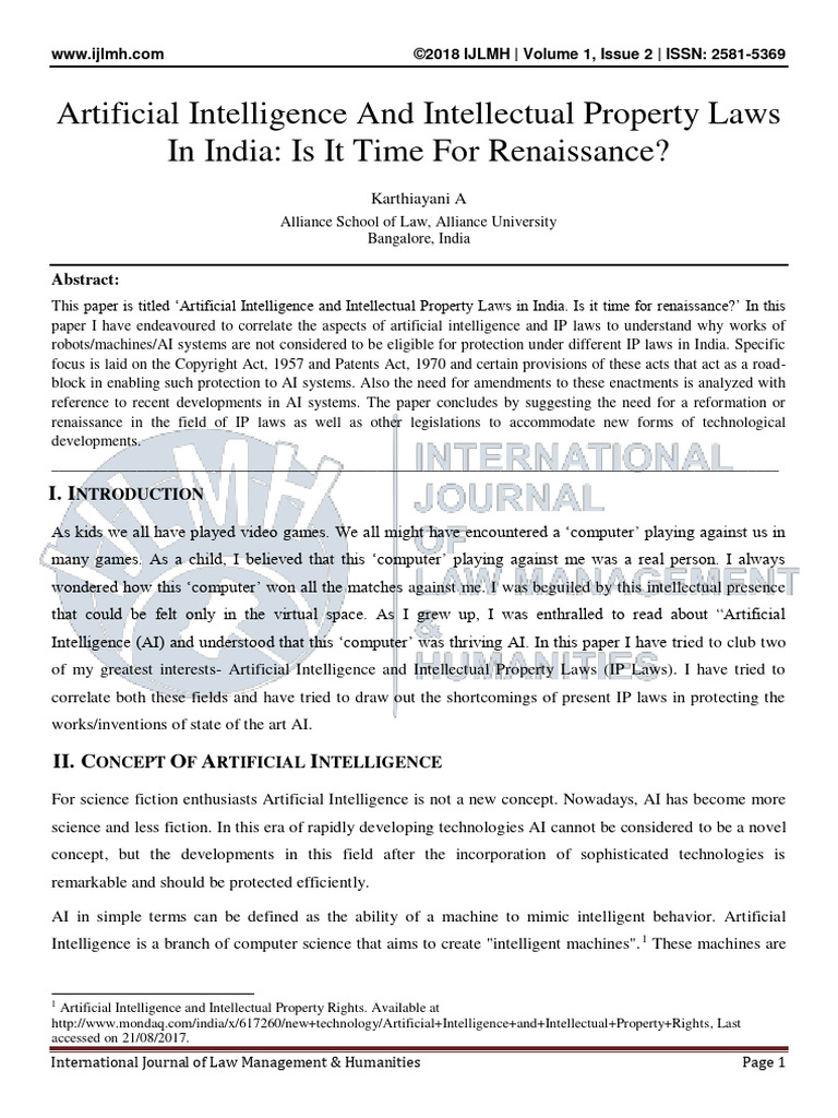 Artificial Intelligence and Intellectual Property Laws in India Is It ...