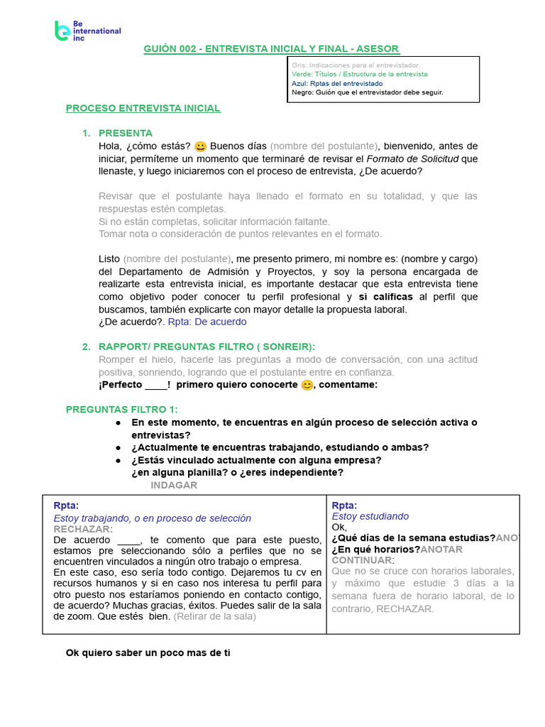 Guión 002 - Entrevista Inicial y Final - Asesor | PDF | Liderazgo | Business
