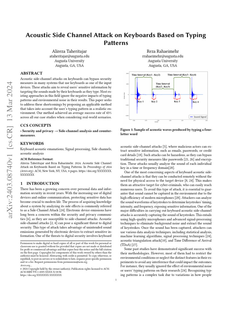 Acoustic Side Channel Attack On Keyboards Based On Typing Patterns | PDF | Computer Security ...