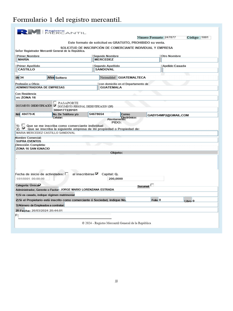 FORMULARIO 1, REGISTRO MERCANTIL | PDF