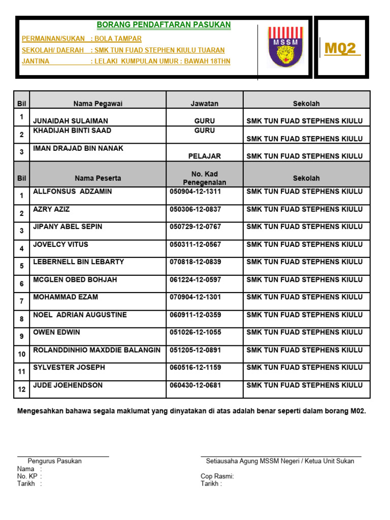 Borang M02 Bola Tampar | PDF