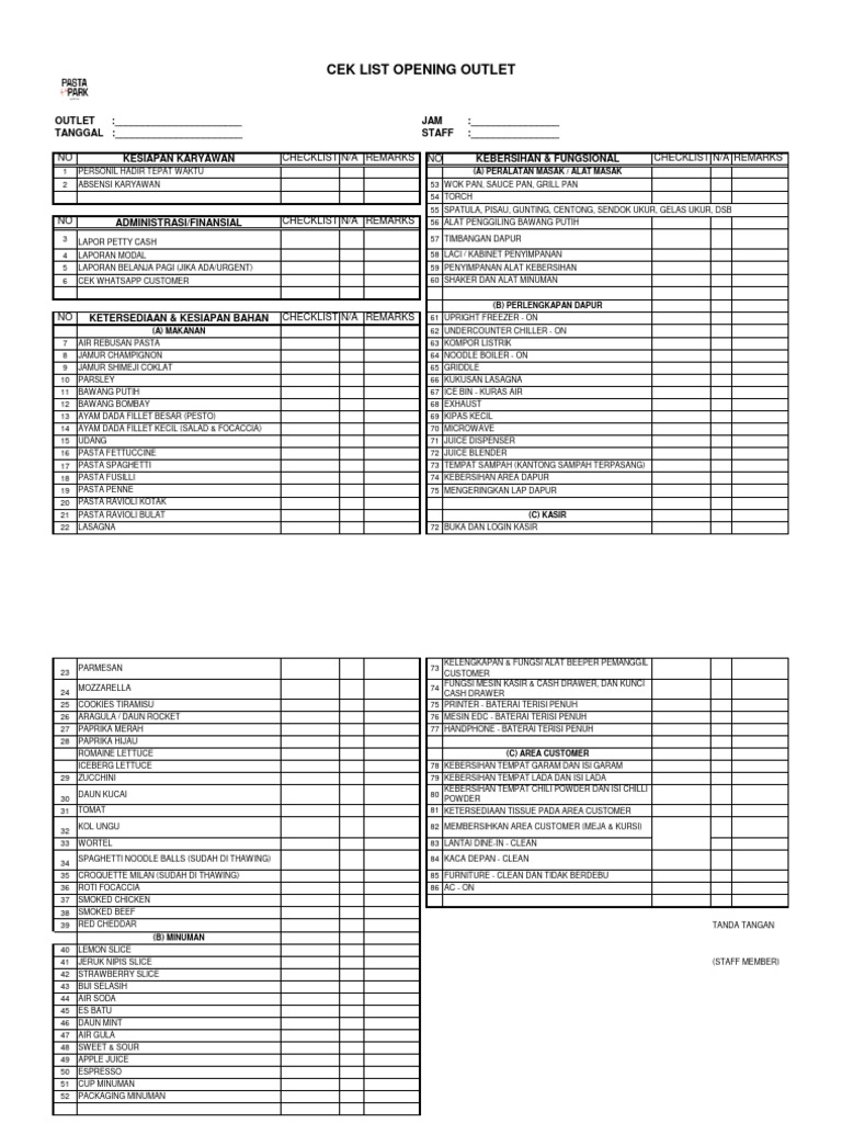 Checklist Opening Outlet - PBTB - Staff Ver 1-1 | PDF