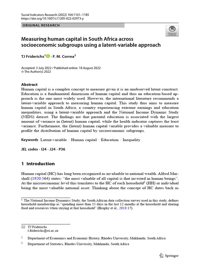 Measuring Human Capital in South Africa Across Socioeconomic Subgroups ...