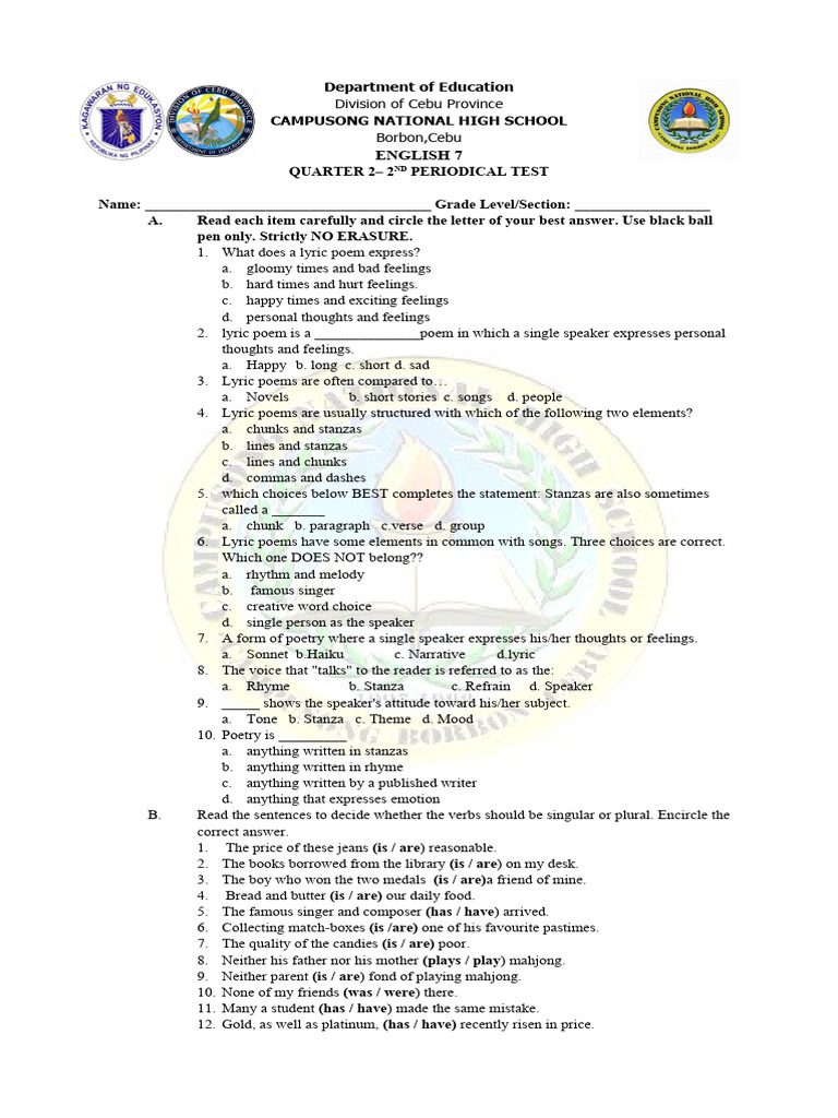 English 7 Q2 Exam | PDF | Poetry | Lyric Poetry