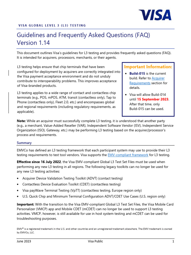 Visa Global Level 3 L3 Testing Guidelines and FAQ Version 1.14 - Build ...