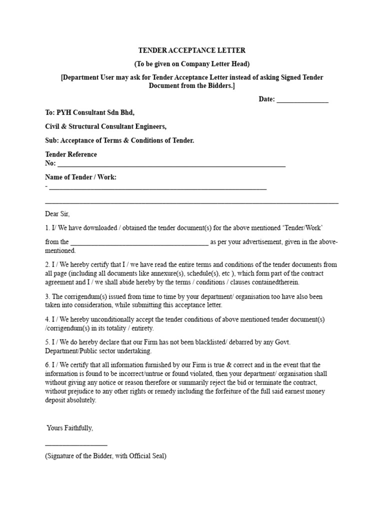 Tender Acceptance Letter | PDF | Business | Finance & Money Management