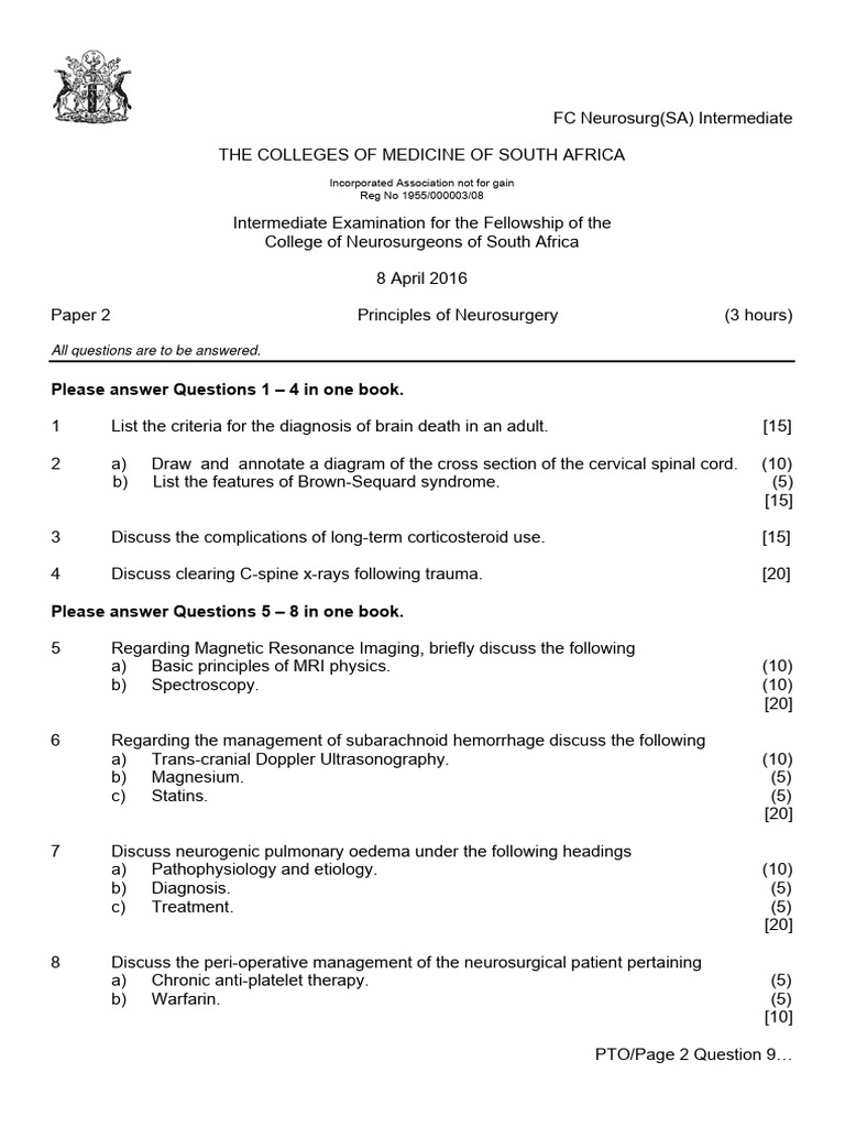 FC Neurosurg (SA) Intermediate Past Papers - 2016 1st Semester 20-1 ...