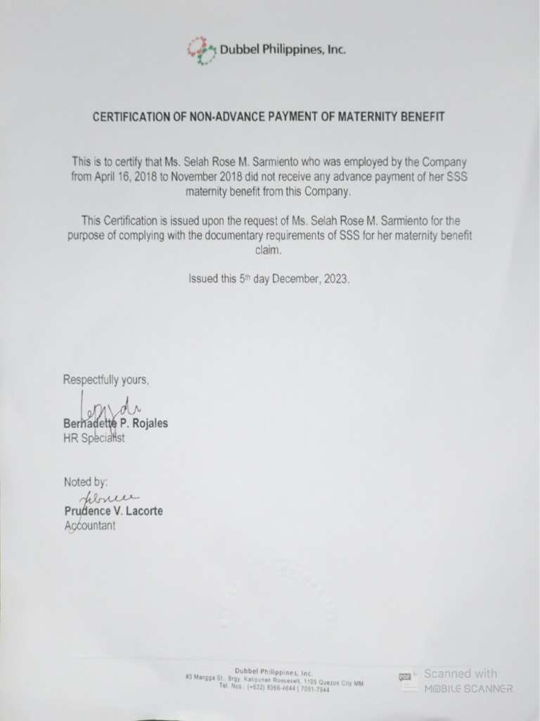 Certificate of Non-Advance Payment of Maternity Benefit | PDF