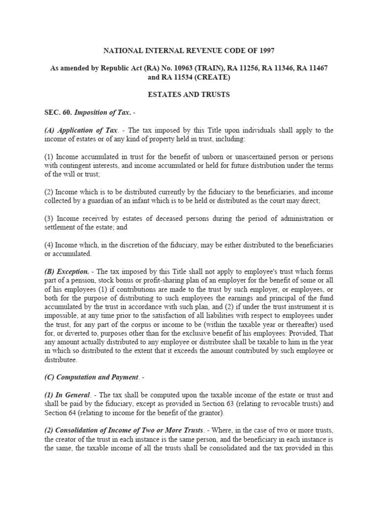 ESTATES AND TRUSTS As Per Tax Code Sec. 60-66 | PDF | Trustee | Fiduciary