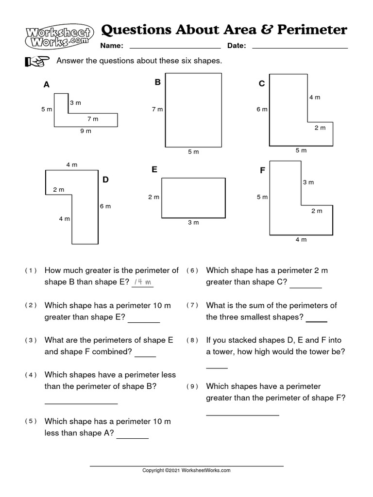 WorksheetWorks Questions About Area Perimeter 1 | PDF | Elementary Geometry | Euclidean Geometry