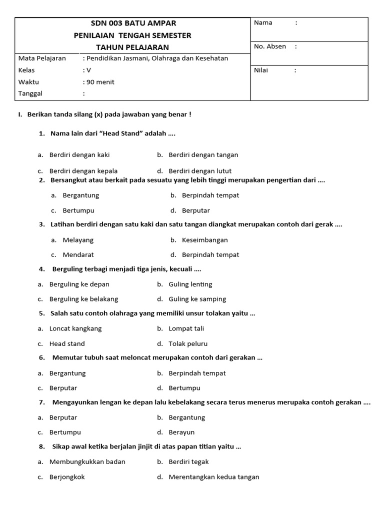 Penilaian Tengah Semester PJOK Kelas V | PDF