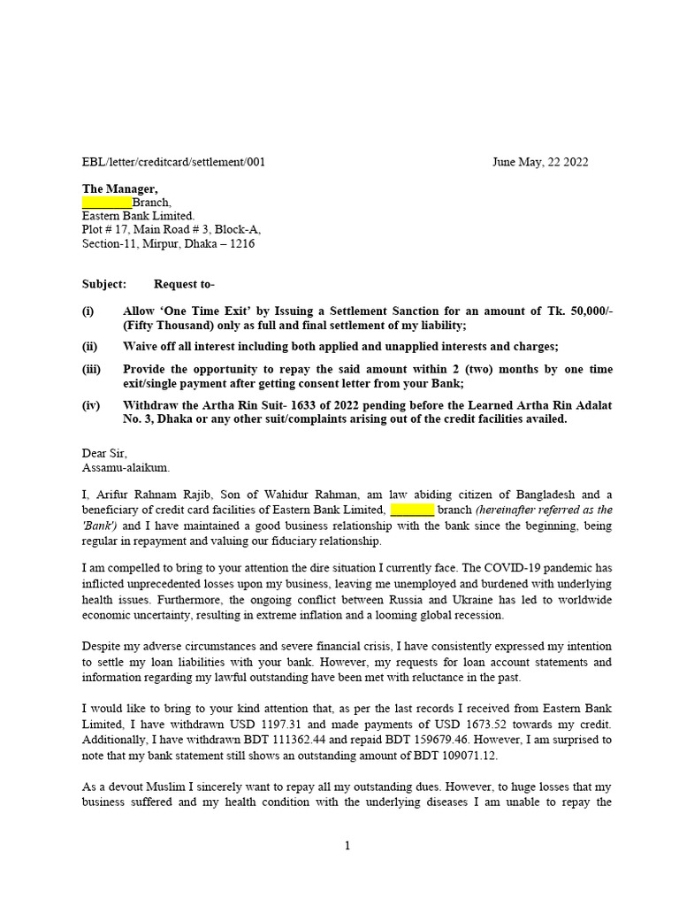 Letter To EBL Bank Arifur Rahman One Time Exit Settlement | PDF ...