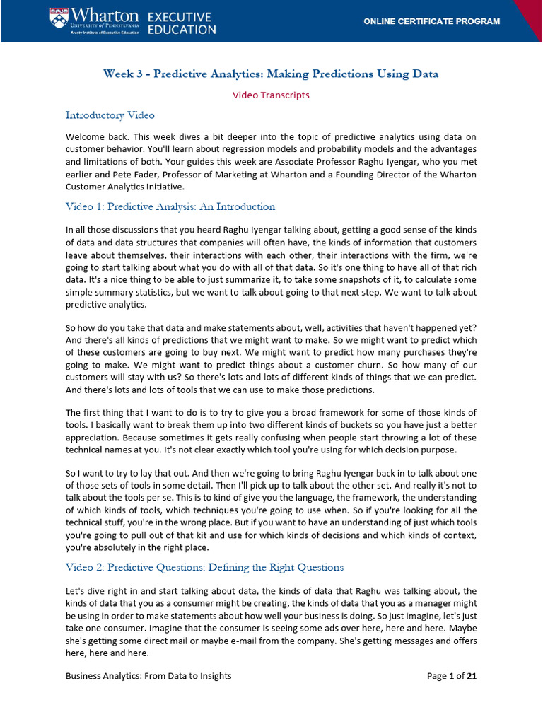 Wharton - Business Analytics - Week 3 - Transcript | PDF | Coefficient ...