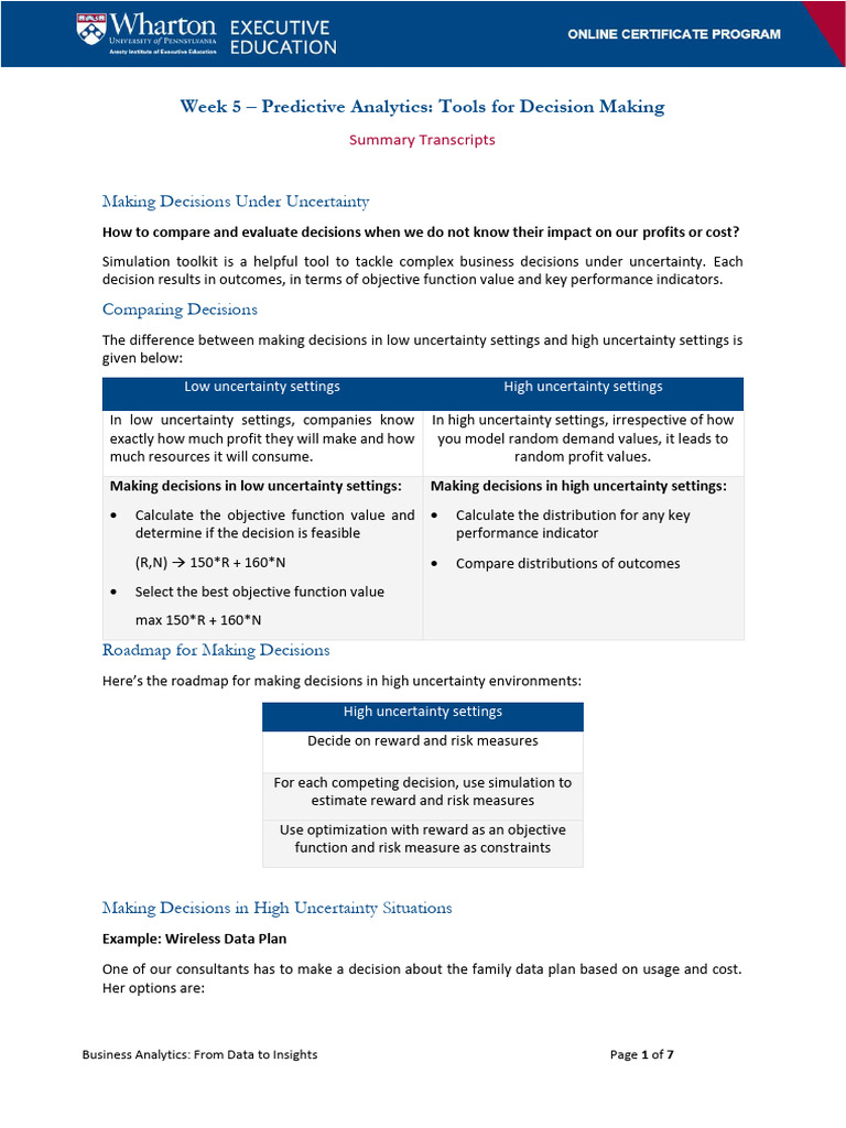 Wharton - Business Analytics - Week 5 - Summary Transcripts | PDF | Simulation | Standard Deviation