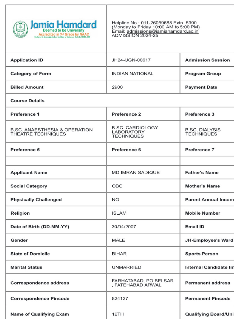 Jamia Application Form Pdf