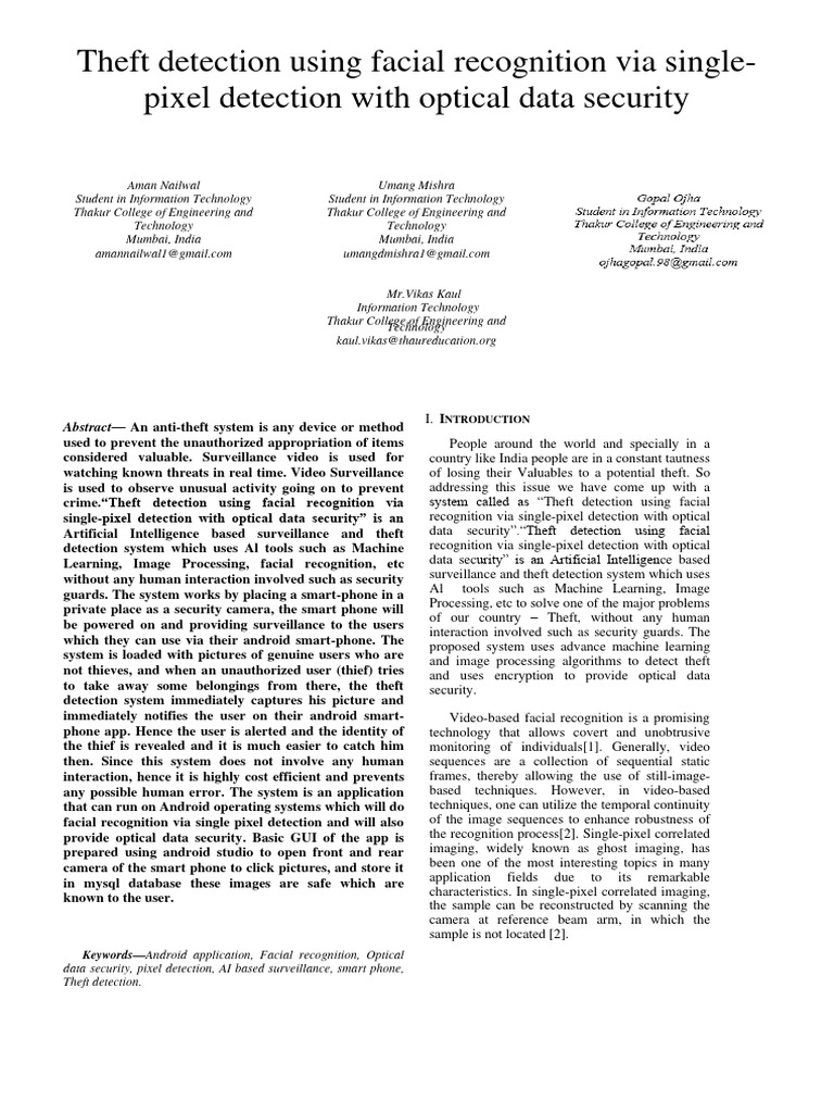 Theft Detection Using Facial Recognition Via Single Pixel Detection