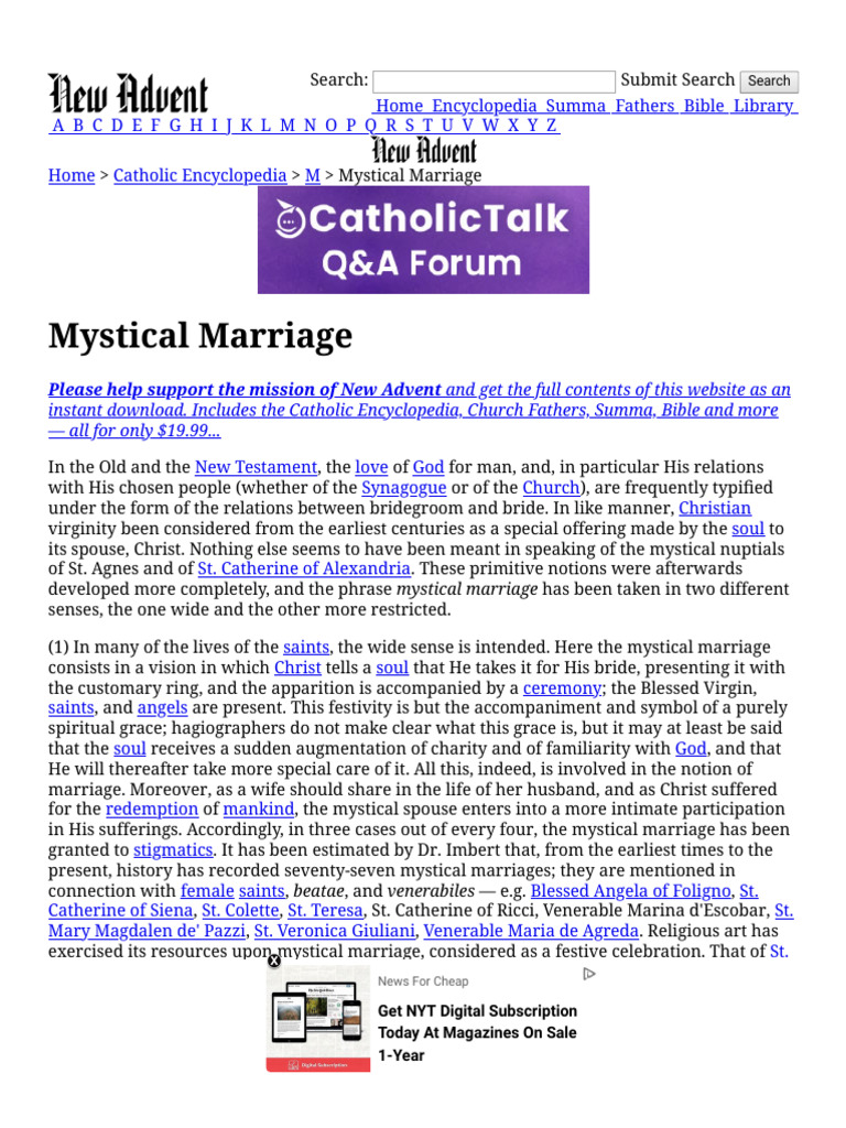 CATHOLIC ENCYCLOPEDIA_ Mystical Marriage | PDF | Teresa Of Ávila | Divinity