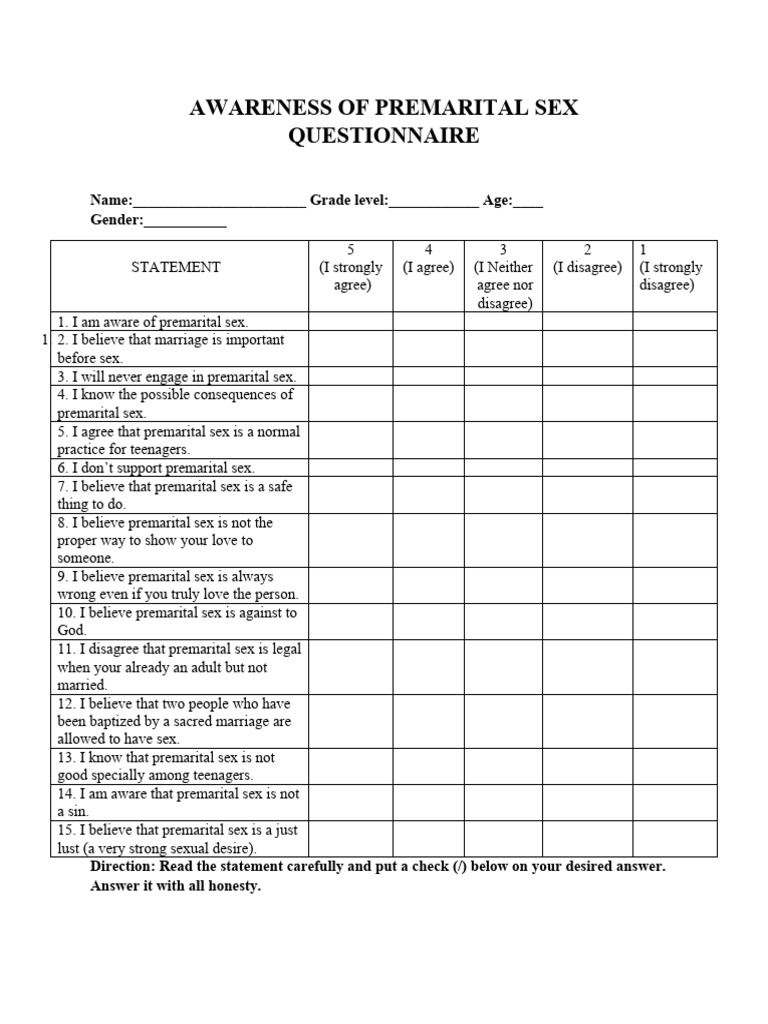Awareness Of Premarital Sex Questionnaire Pdf Self Improvement Wellness