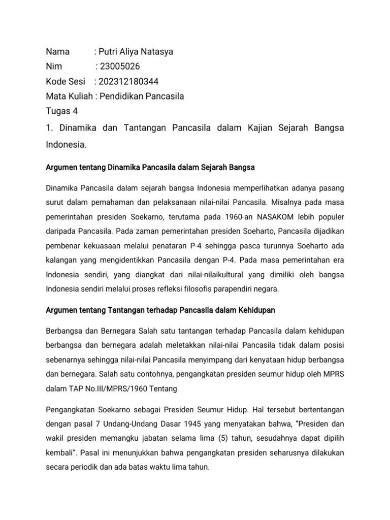 Tgs 4 Pendidikan Pancasila Putri Aliya Natasya - 23005026 | PDF