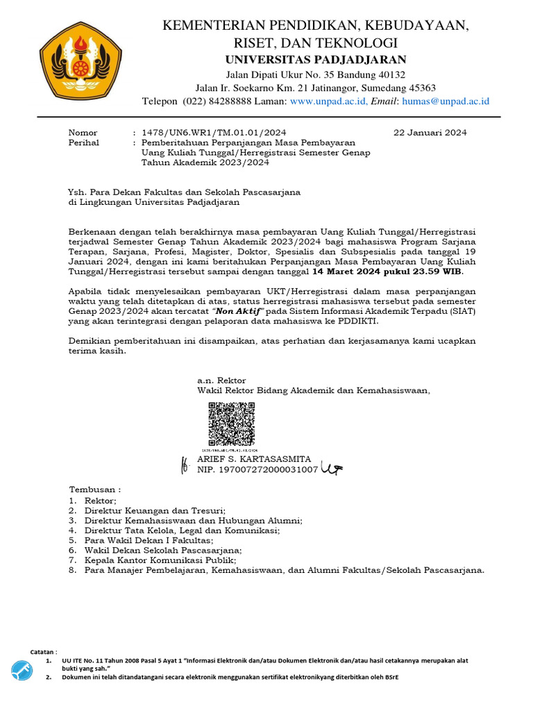 Pemberitahuan Perpanjangan Masa Pembayaran UKT (Herregistrasi) Semester Genap Tahun Akademik ...