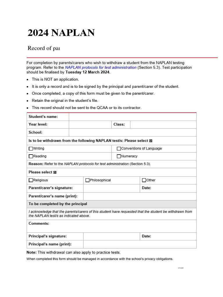 NAPLAN 2024 Parent Withdrawal | PDF