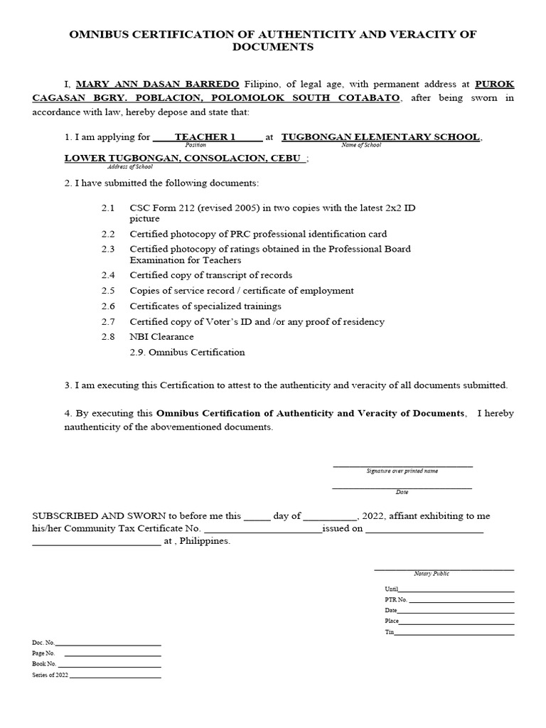 J. Omnibus-Certification-of-Authenticity-and-Veracity-of-Documents-v3 | PDF | Affidavit ...
