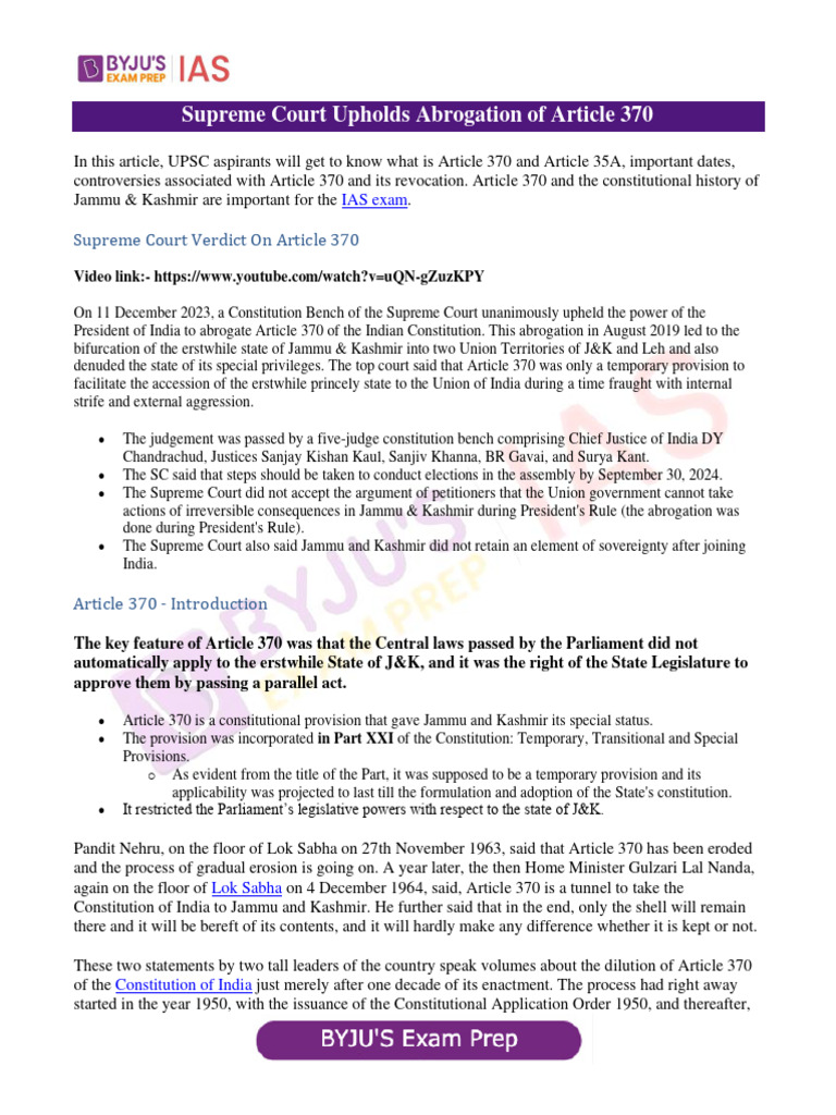 Supreme Court Confirms Article 370 Abrogation | PDF | Government Of ...