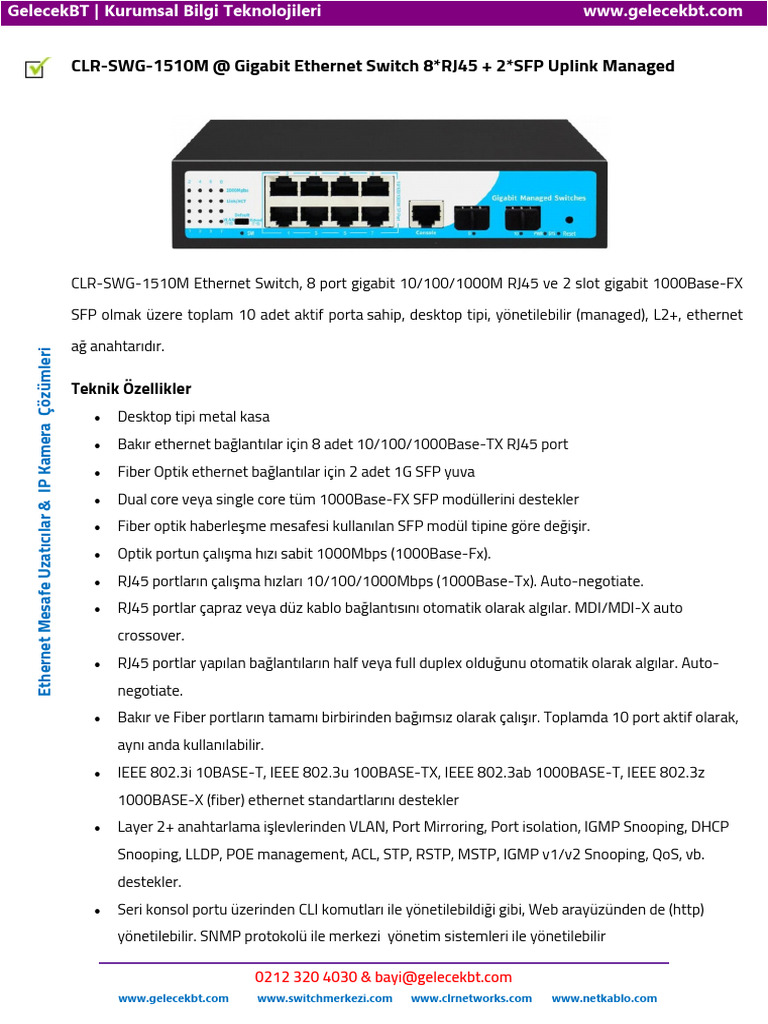 8 Port Gigabit Switch Yönetilen GelecekBT CLR-SWG-1510M | PDF